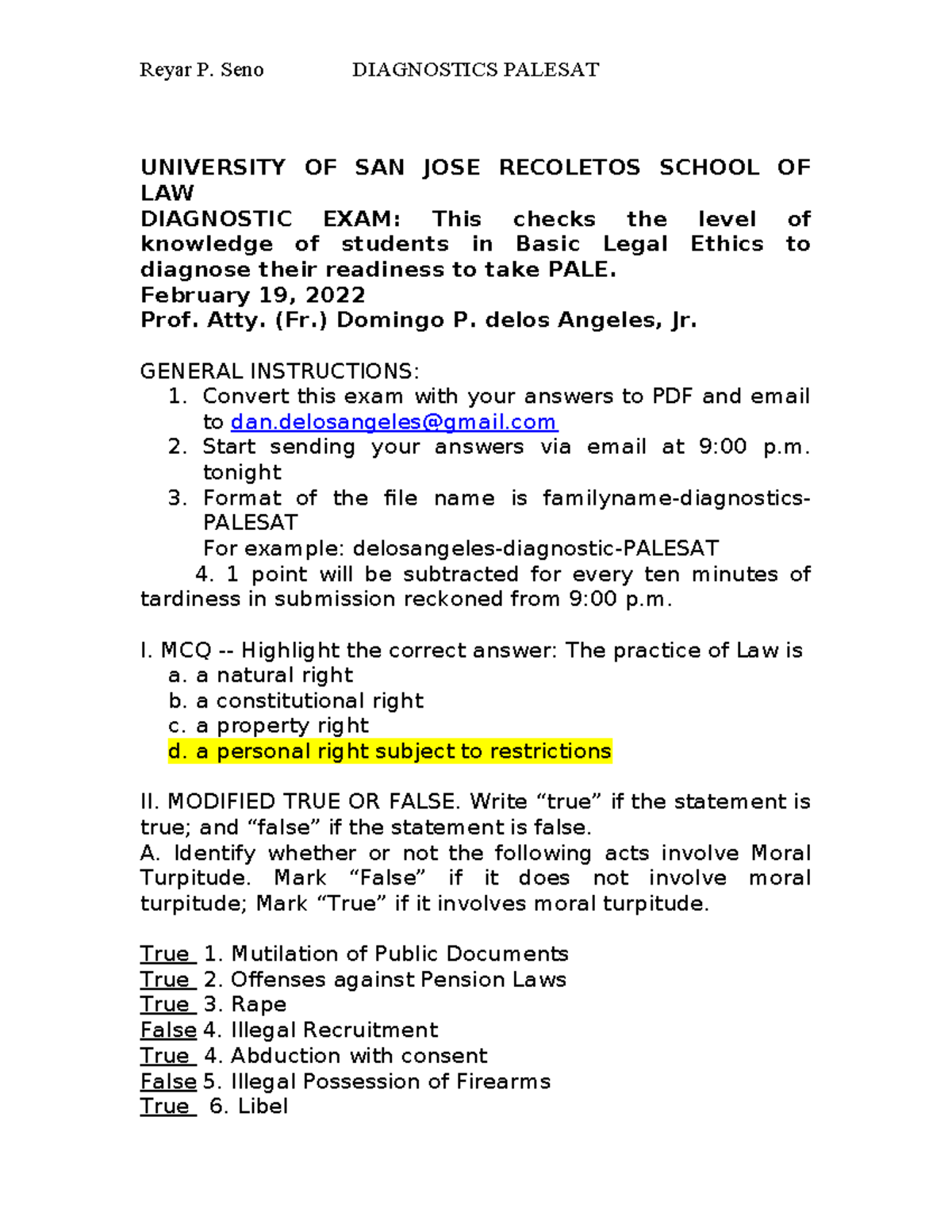 SENO Diagnostic Exam Review: Understanding Basic Legal Ethics for PALE ...