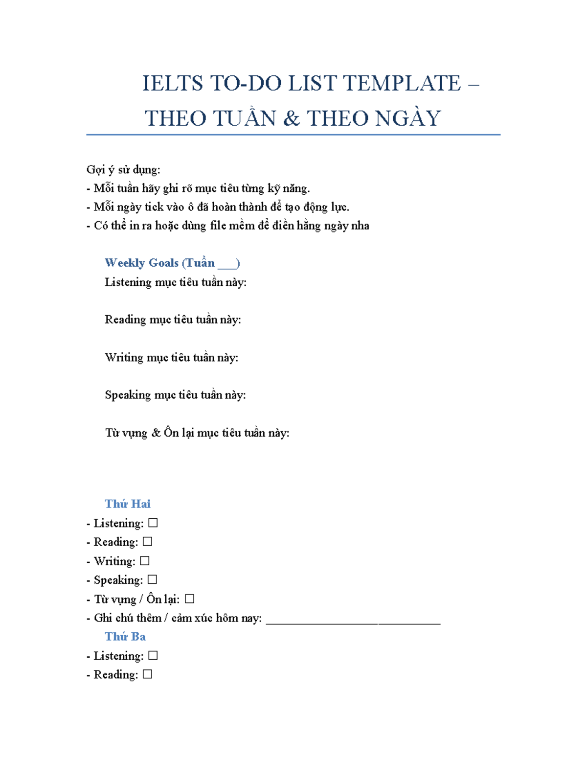 IELTS Weekly Goals Tracker Template for Skills Progress - Studocu