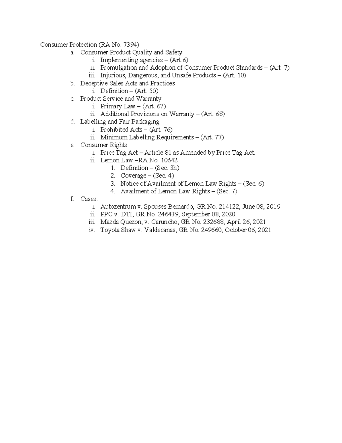 Consumer Protection Overview (RA No. 7394) - Week 2 LST - Studocu