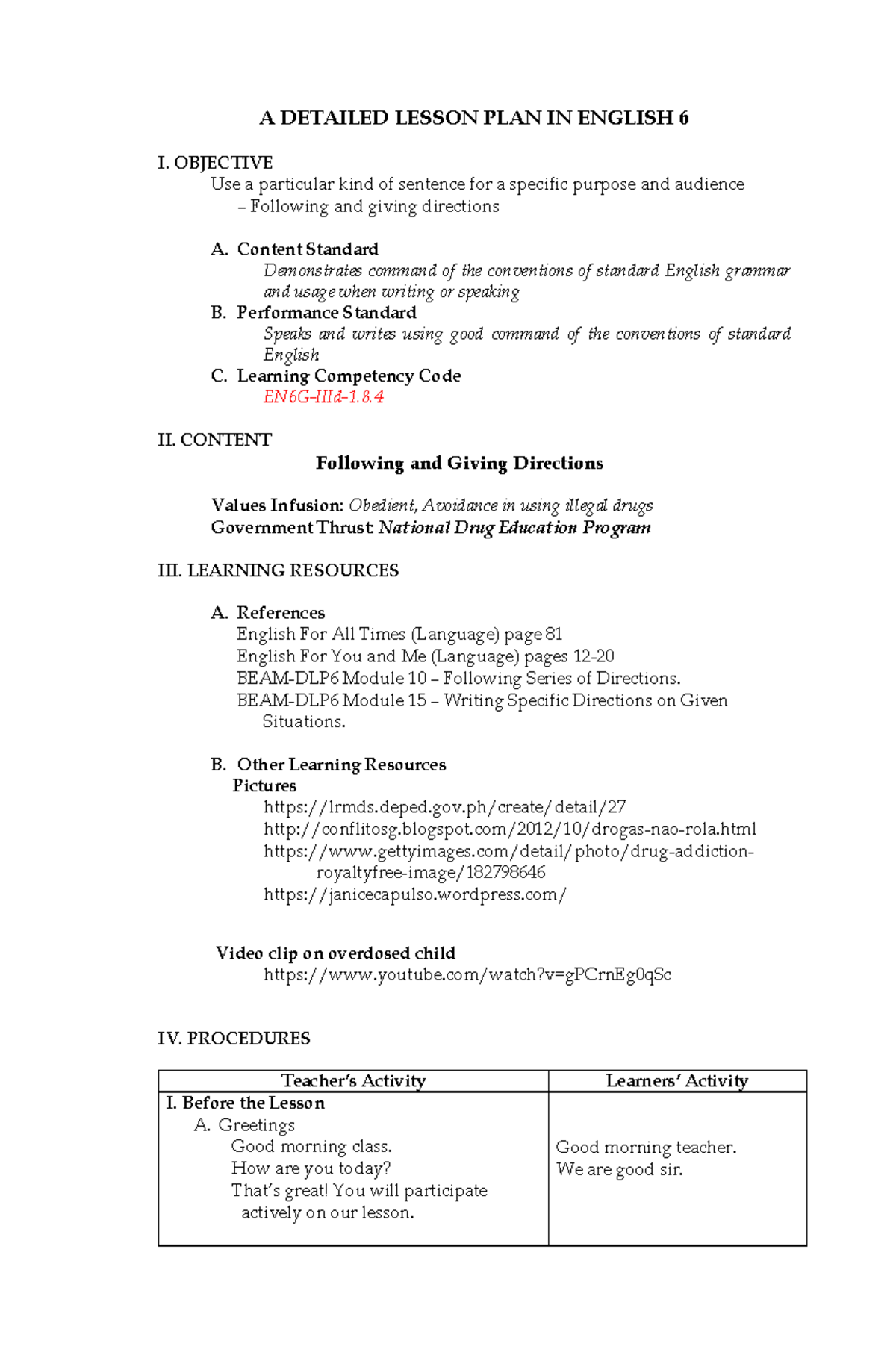 Detailed Lesson Plan for English 6: Following Directions - Studocu