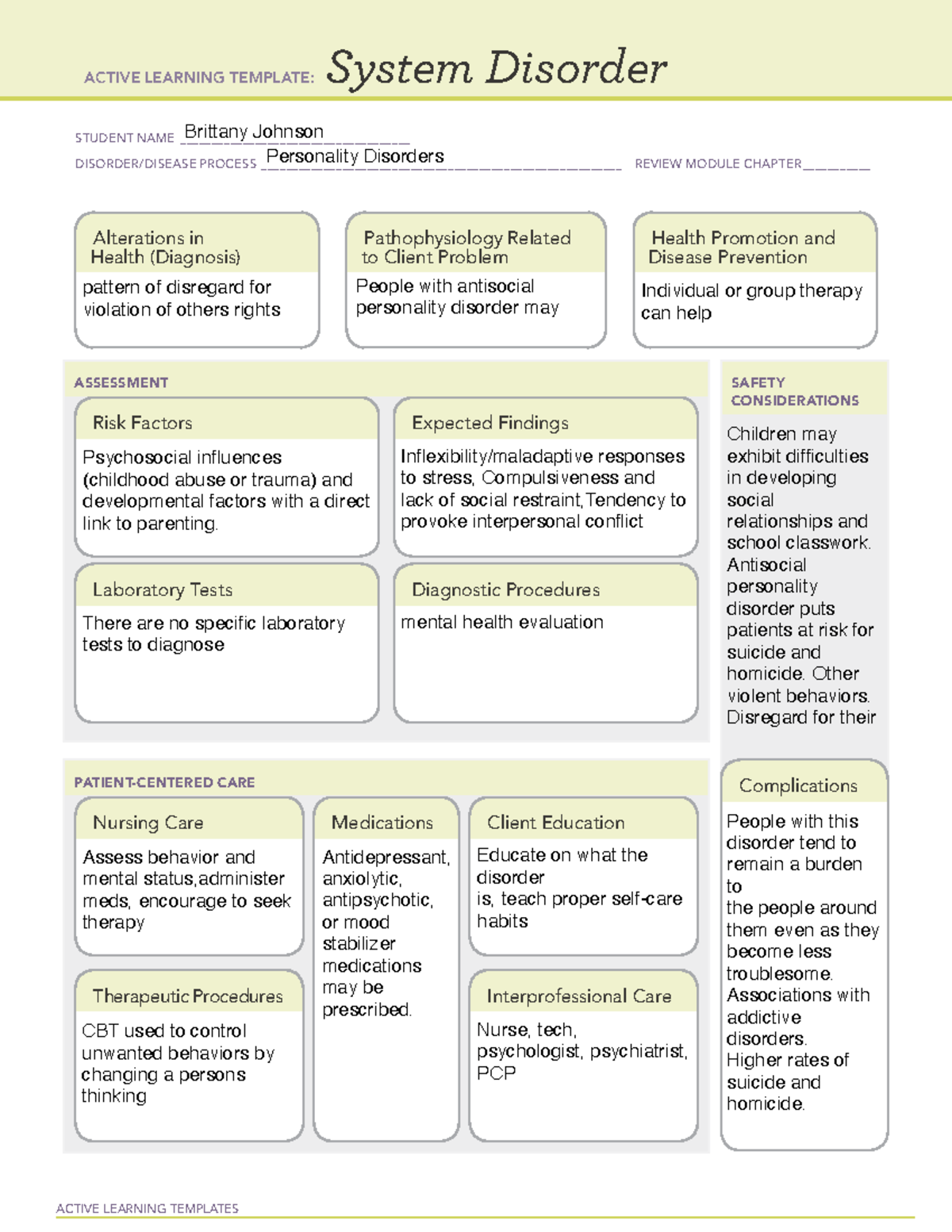 Template 1 - ACTIVE LEARNING TEMPLATES System Disorder STUDENT NAME ...