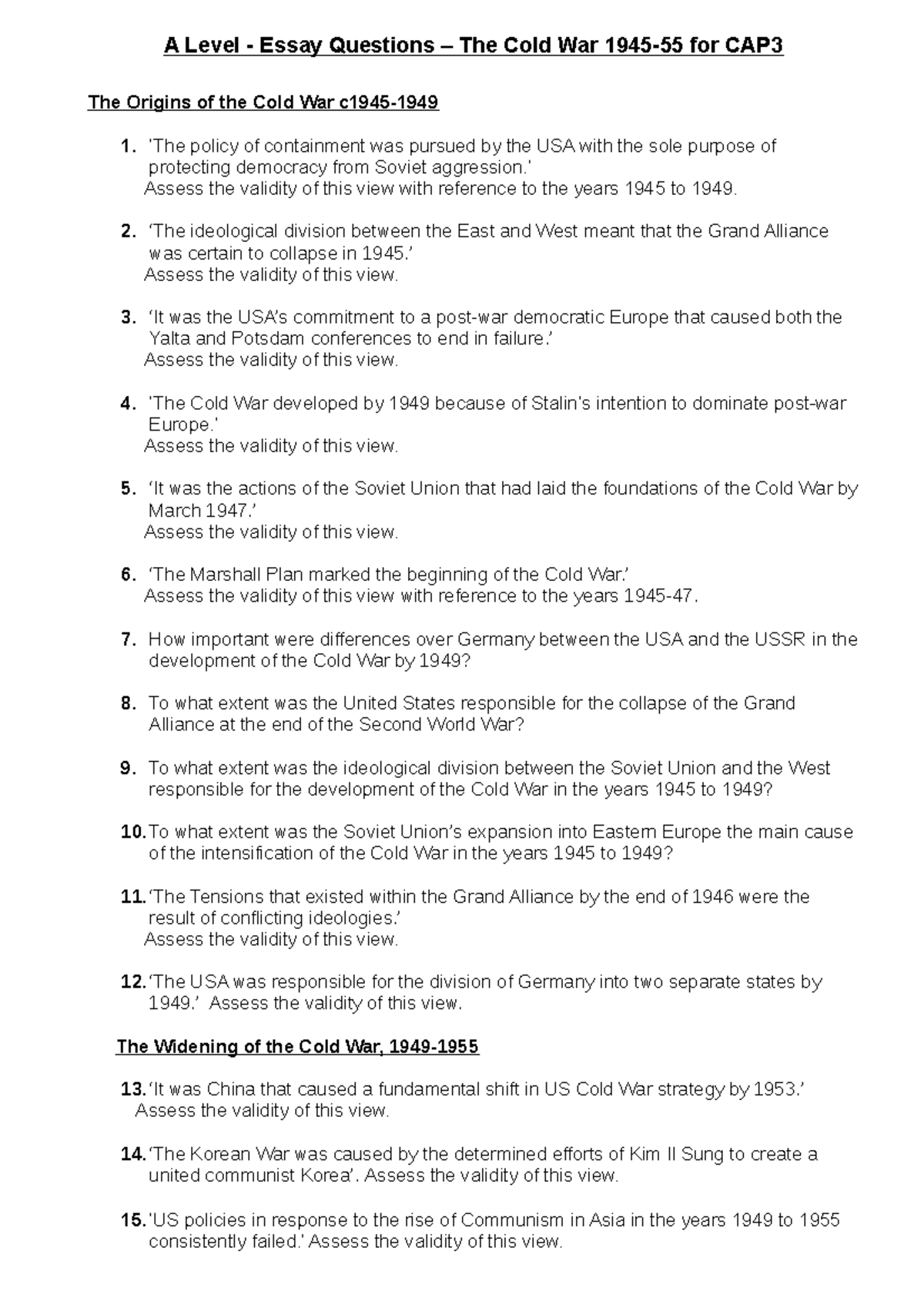 A Level Essay Questions on The Cold War 1945-55 CAP3 2021 - Studocu