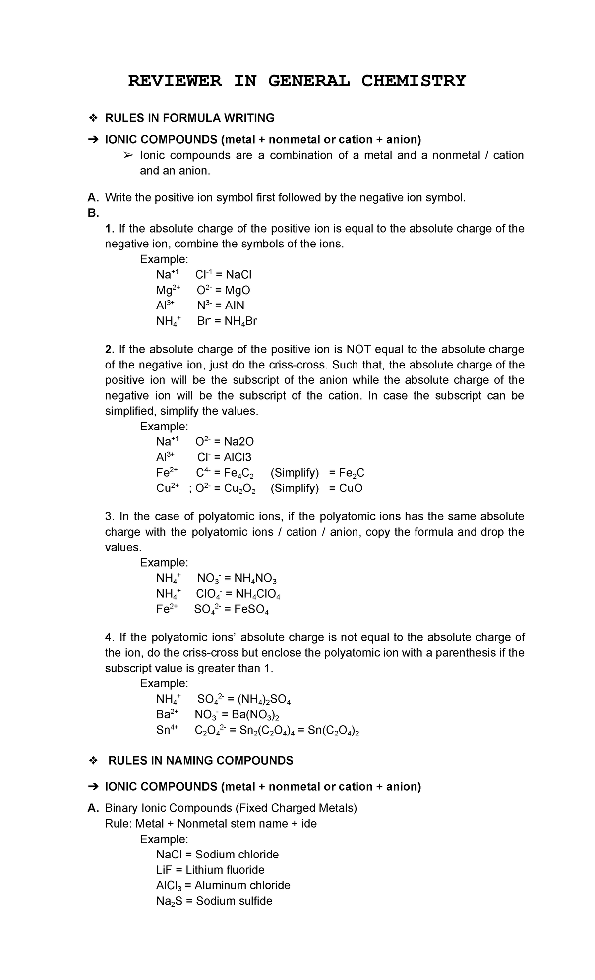 General Chemistry Review: Naming Compounds and Stoichiometry (GEN CHEM ...