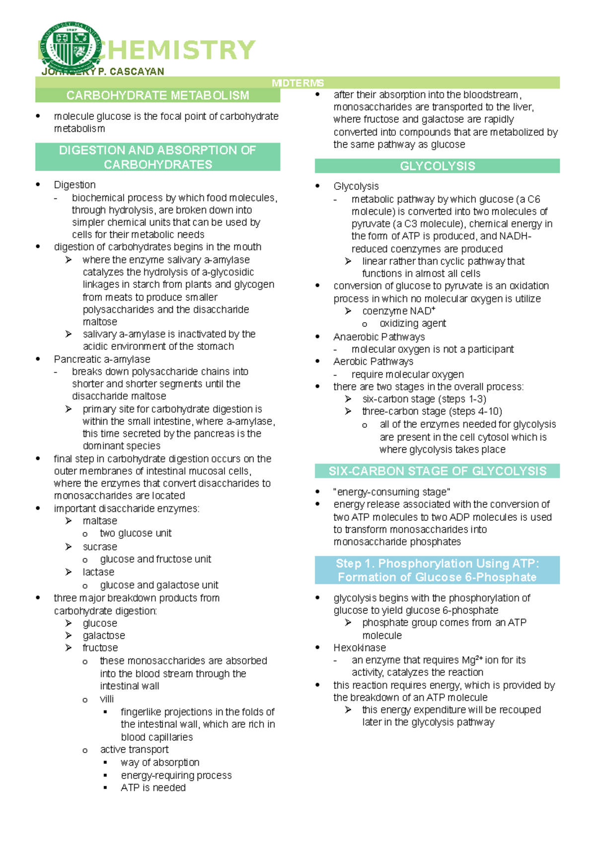 Carbohydrate Metabolism Notes - BIOCHEM 101 Midterm Study Guide - Studocu