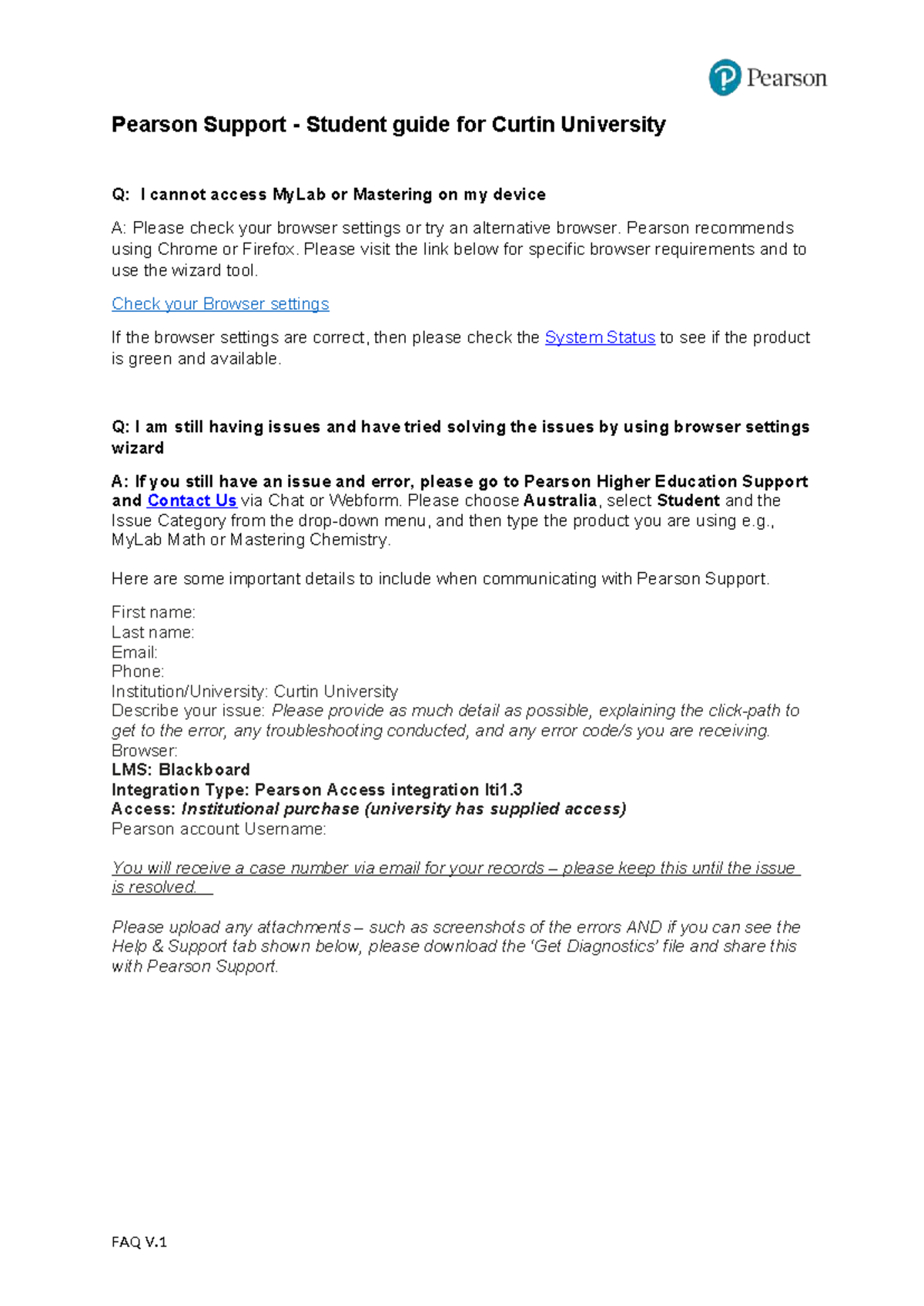 Pearson Tech Support Guide for Curtin University Students - Studocu