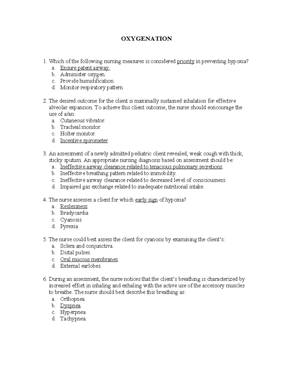 OXYGENATION: Nursing Measures and Respiratory Assessment Guide - Studocu
