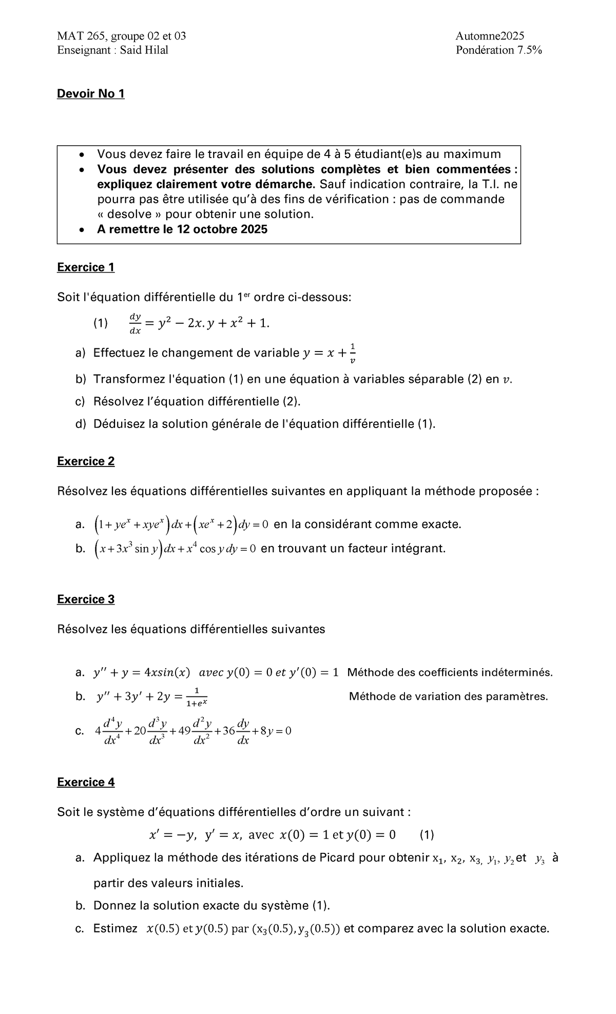 MAT 265 Devoir No 1 - Équations Différentielles Automne 2025 - Studocu