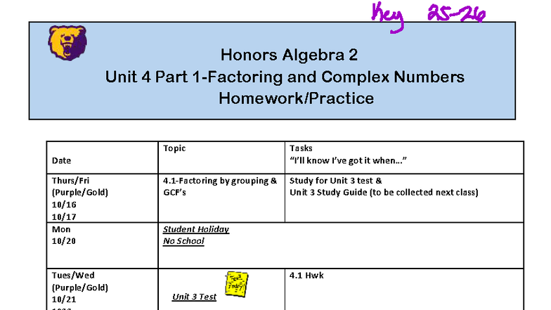 Algebra 2 Honors U4 Part 1 Homework Key and Study Guide - Studocu