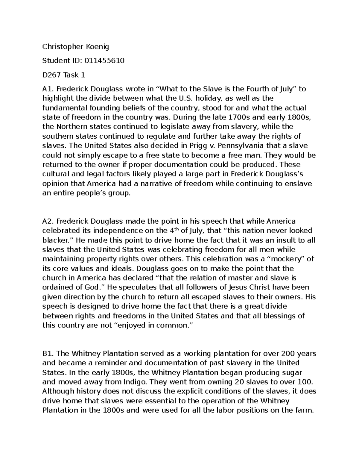 D267 Task 1: Analyzing Frederick Douglass' Speech on Slavery - Studocu