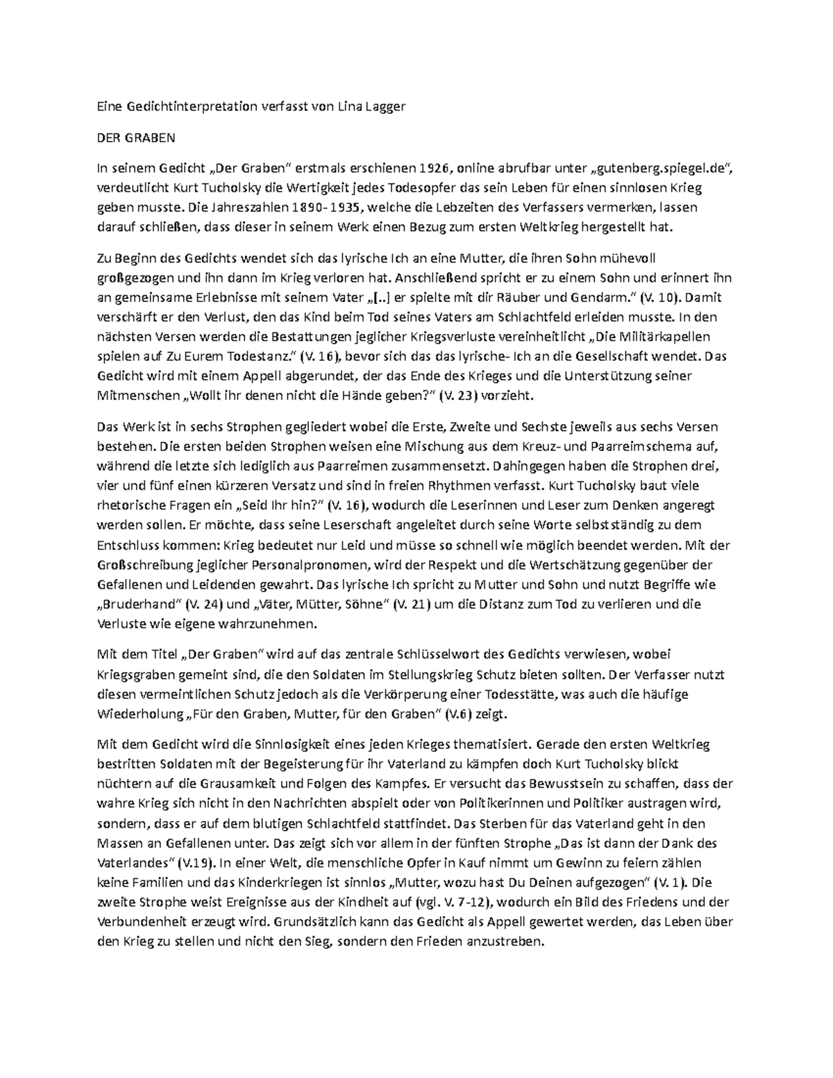 Gedichtinterpretation: Kurt Tucholskys "Der Graben" und sein ...