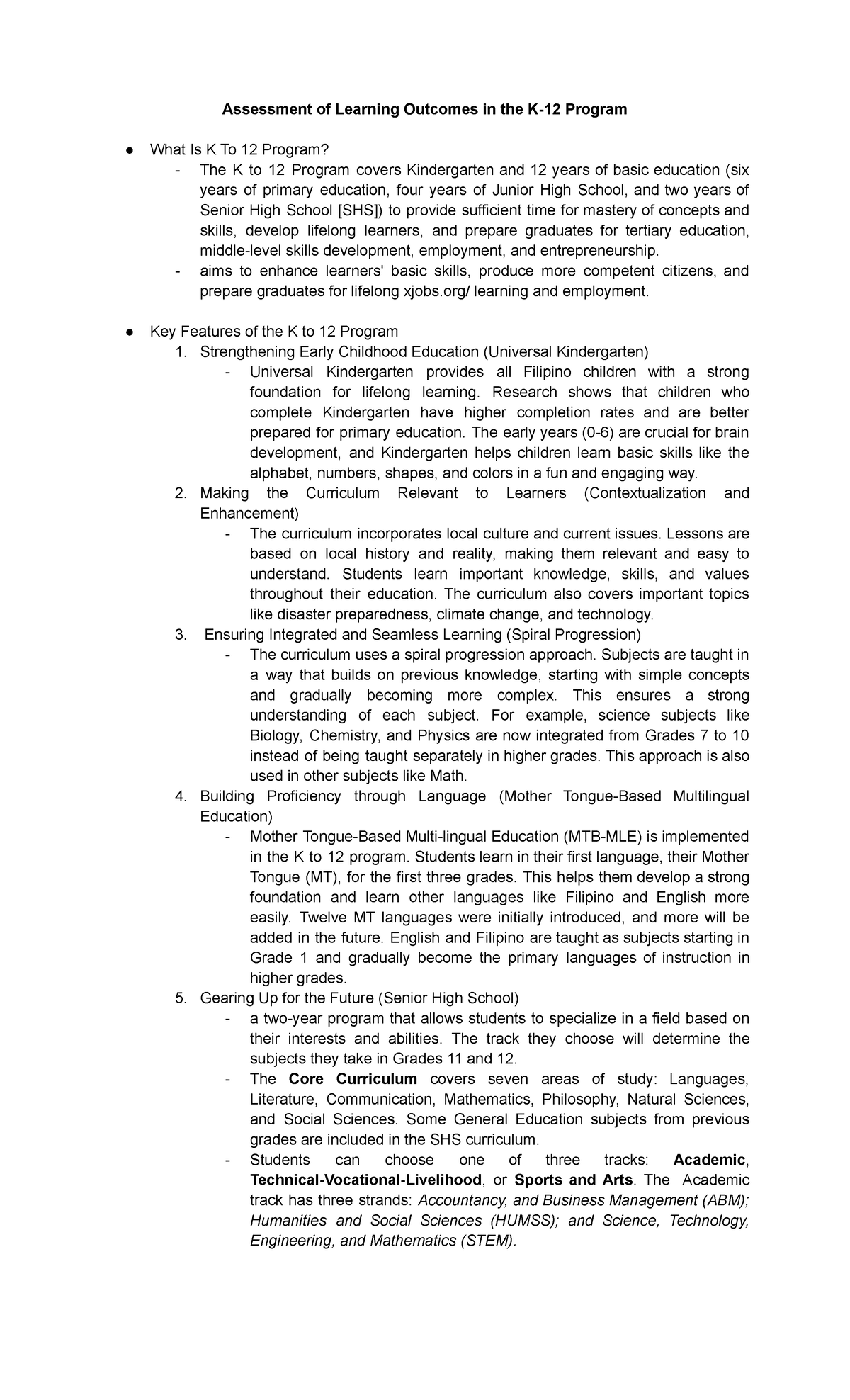 Assessment of Learning Outcomes in K-12 Education Curriculum - Studocu
