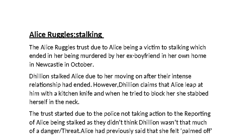 Alice Ruggles Case Study: Stalking and Trust Issues - Studocu