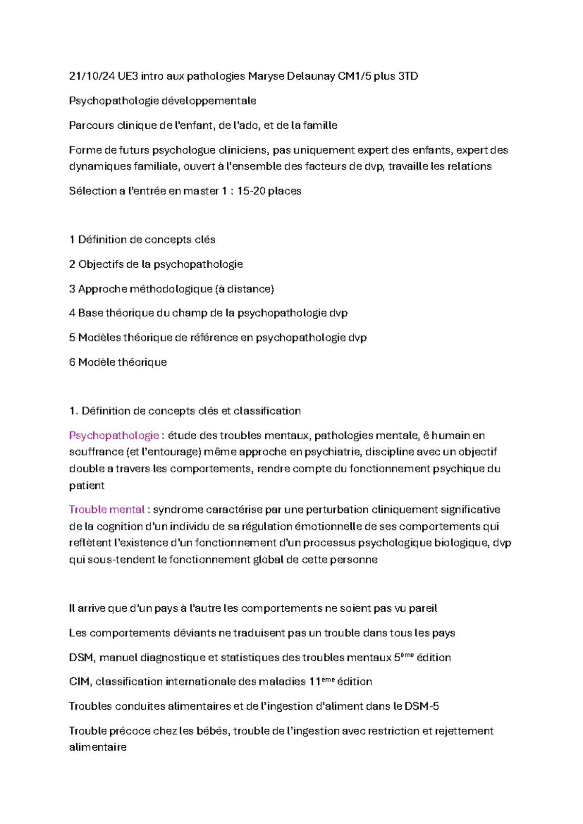 UE3 Psychopathologie Développementale - Notes de Cours CM1/5 et CM2 ...