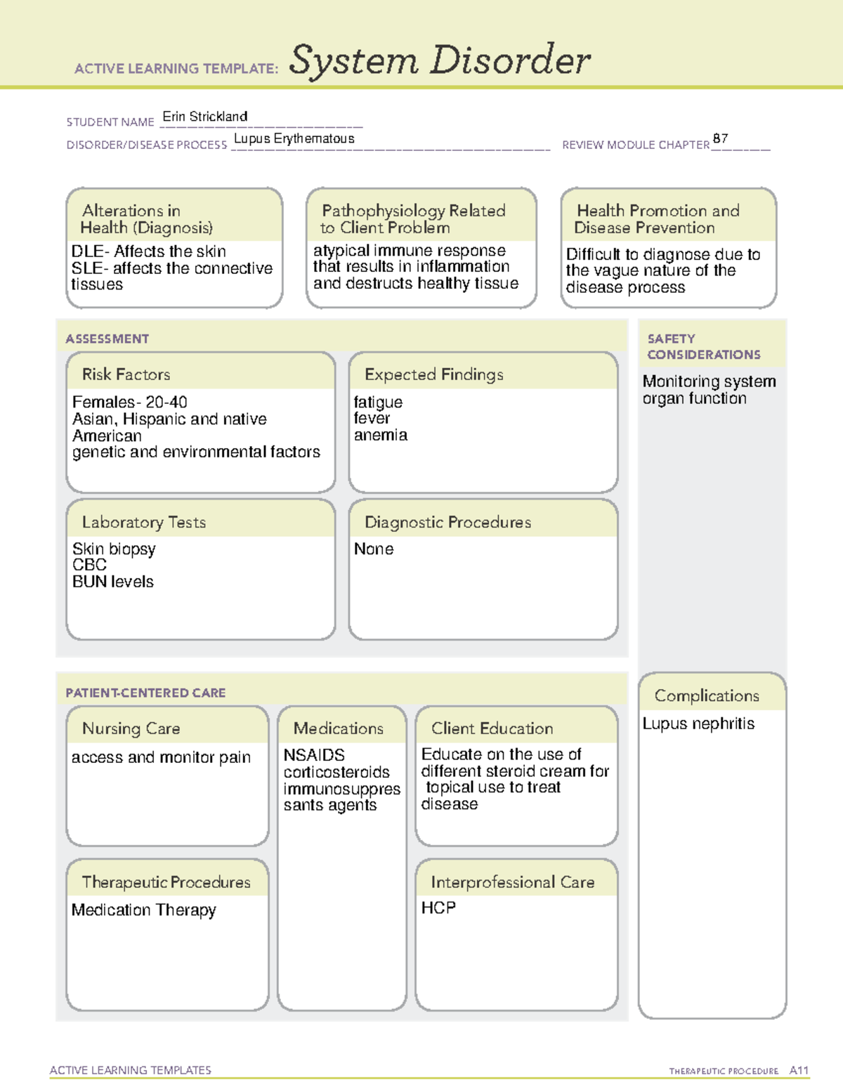 ACTIVE LEARNING TEMPLATE: Lupus Erythematous (A11) - System Disorder ...