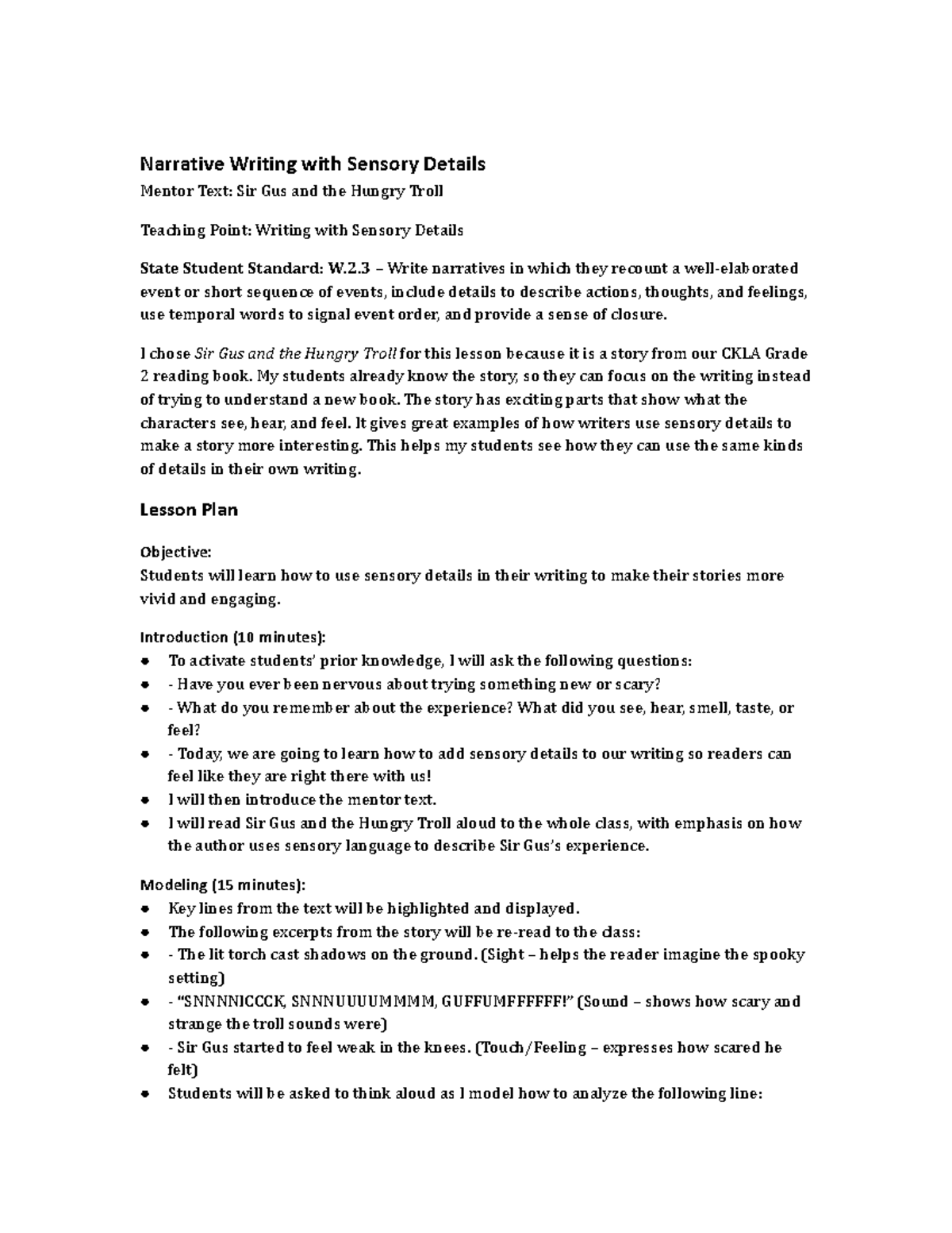 Narrative Writing Lesson: Using Sensory Details with Sir Gus (6004 ...