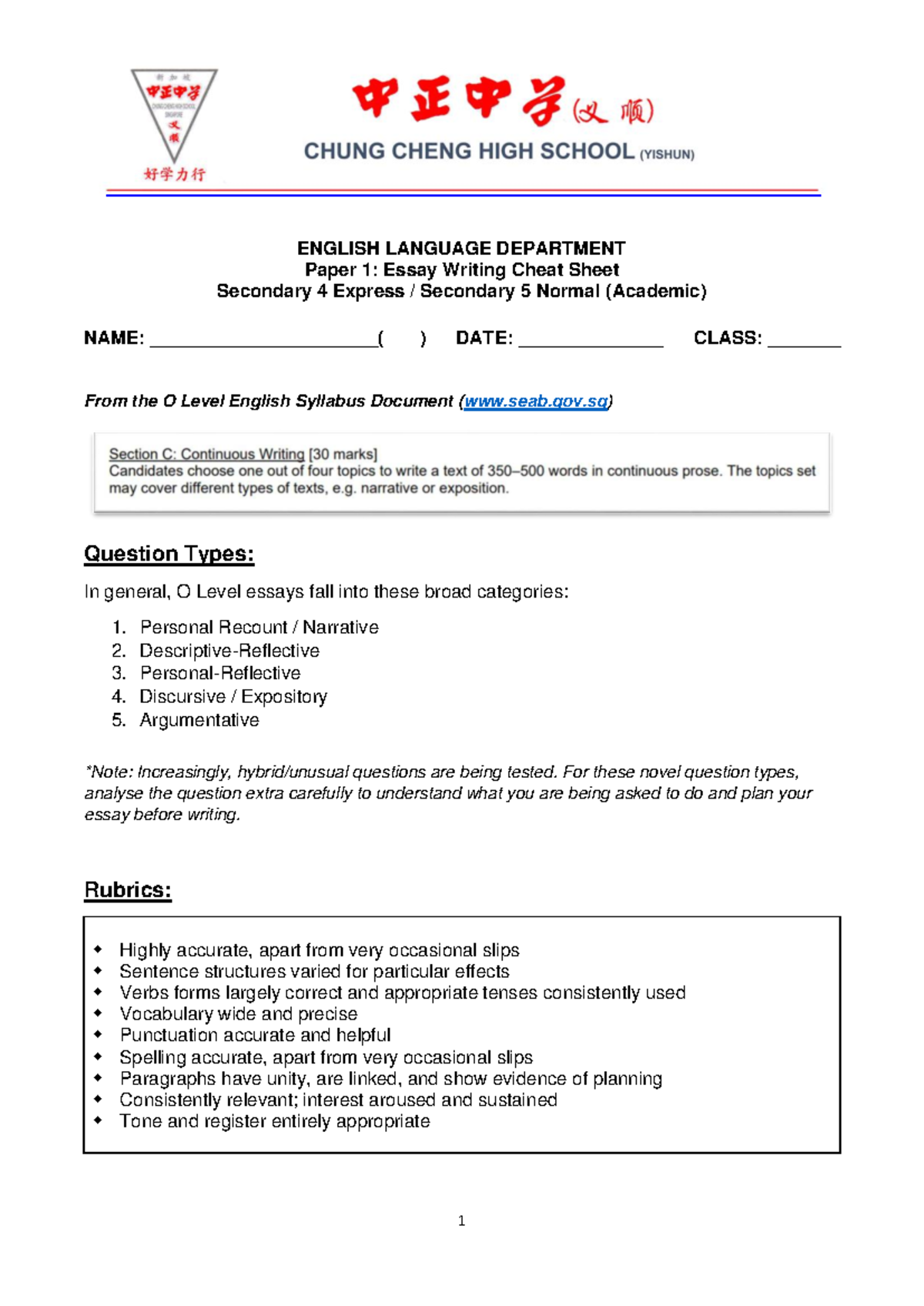 CCHY 2022 EL-1128 Essay Writing Cheat Sheet for O Level - Studocu