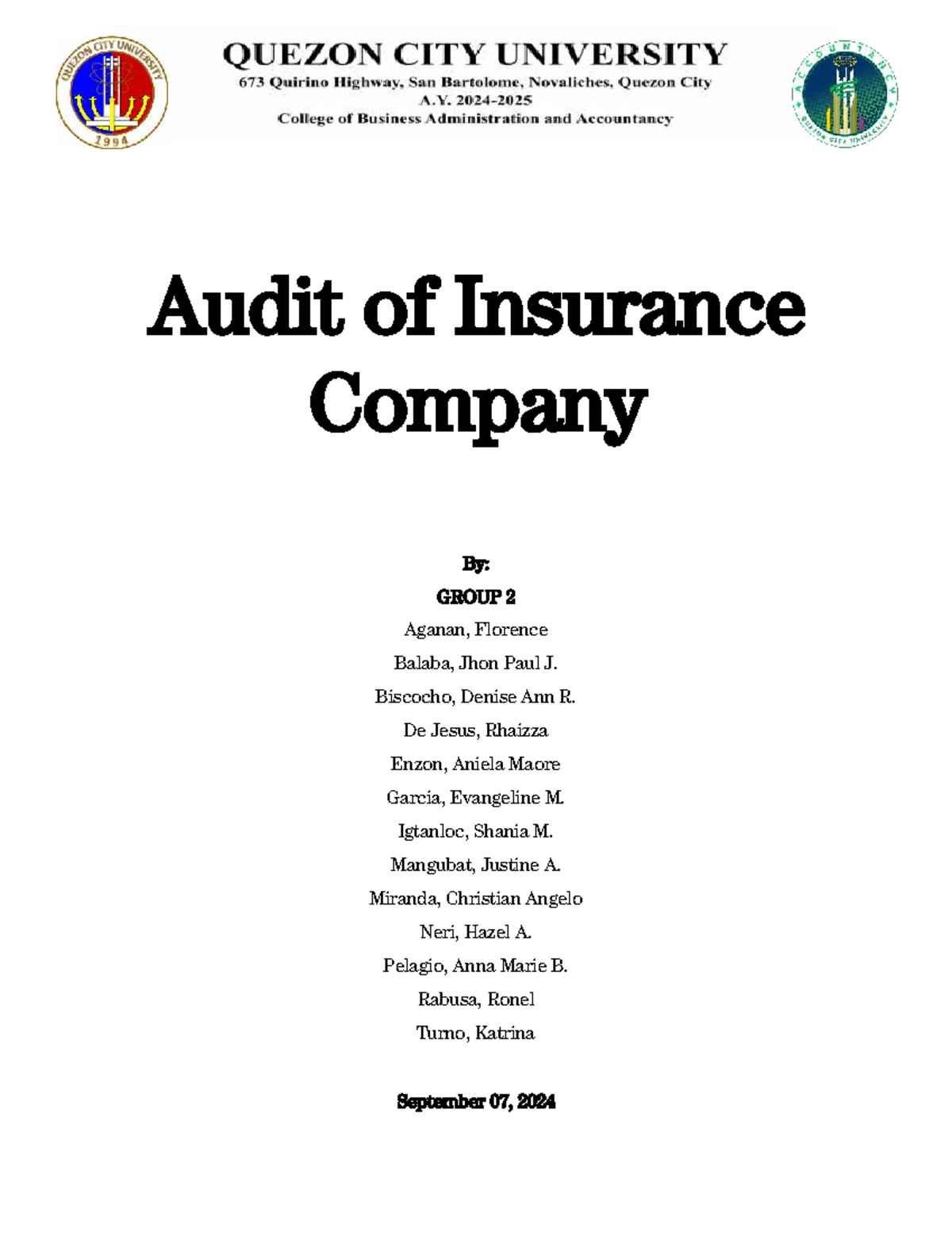 Audit of Insurance Company: GROUP 2 - Comprehensive Overview and ...