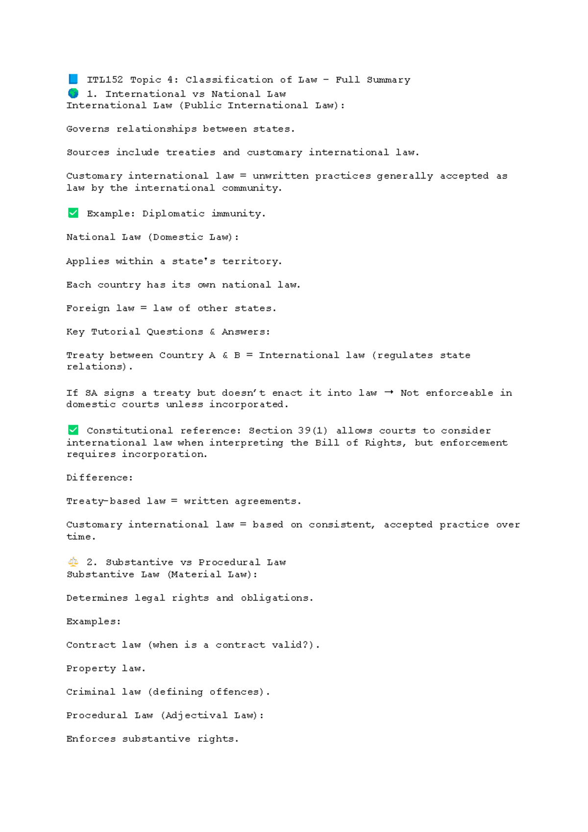 ITL152 Topic 4: Comprehensive Summary on Classification of Law - Studocu