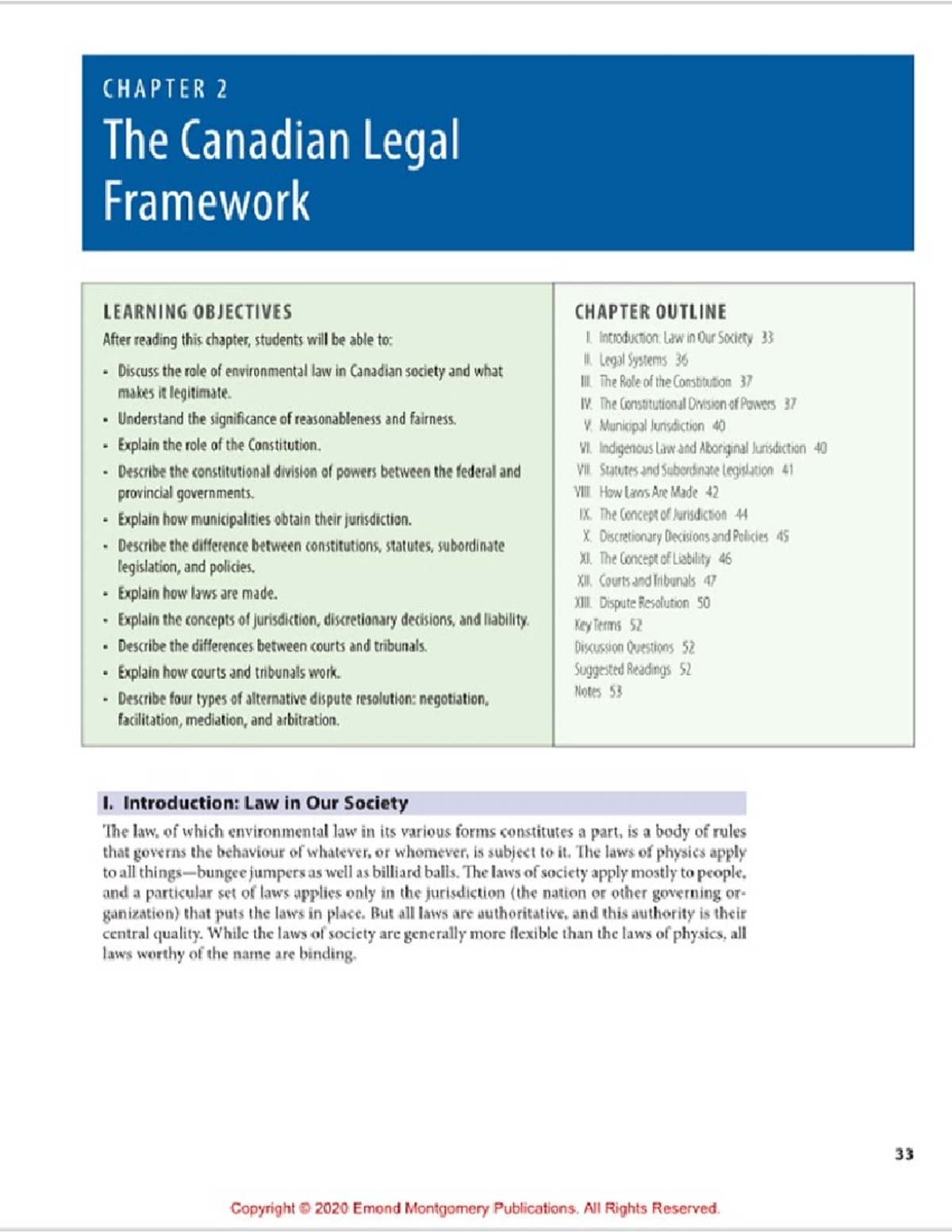 CHP 2 - The Canadian Legal Framework: Environmental Law and ...