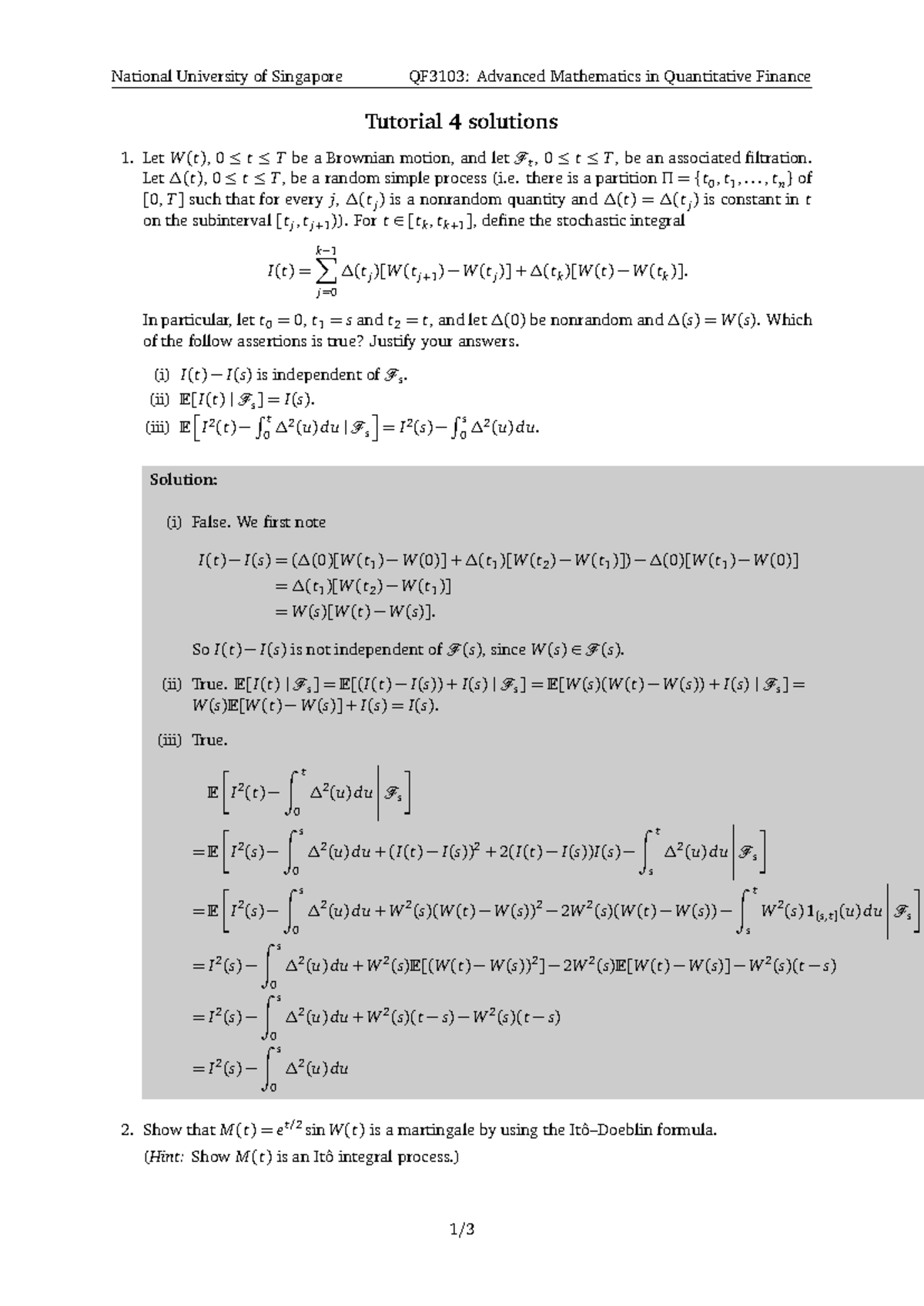 National University of Singapore QF3103: Advanced Mathematics in ...