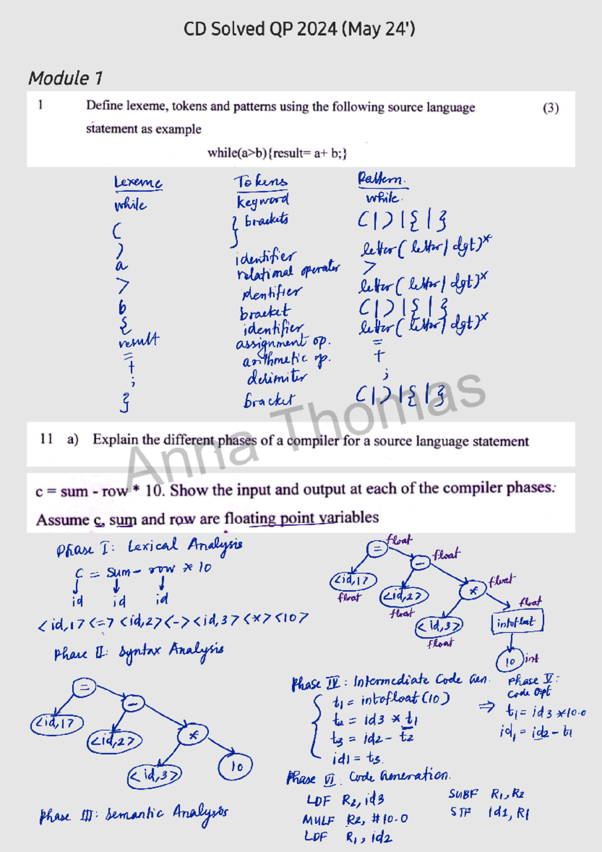 CD Solved QP 2024 - Compiler Phases and Algorithms Analysis - Studocu