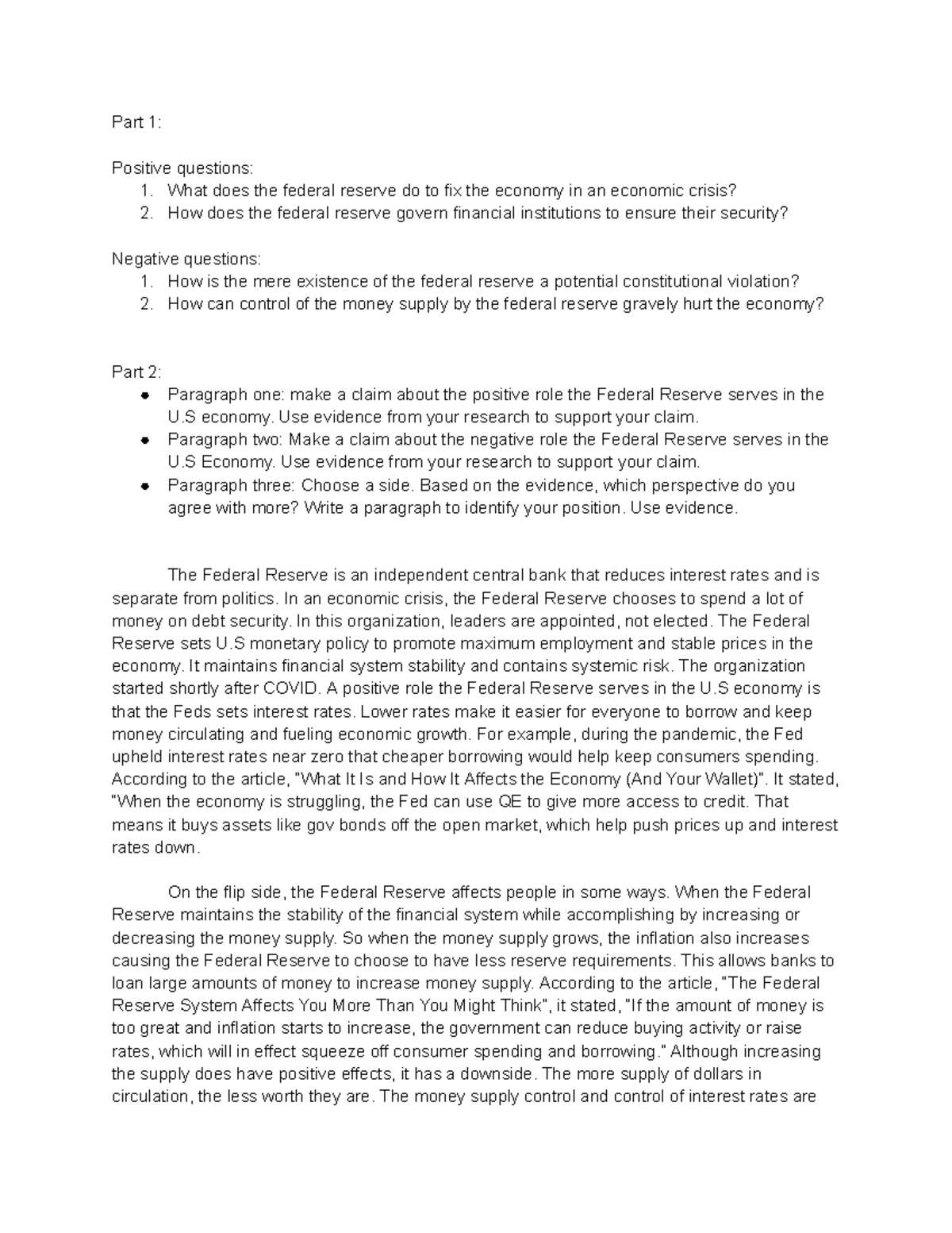 3.04 The Federal Reserve: An Honors Exploration of Pros & Cons - Studocu