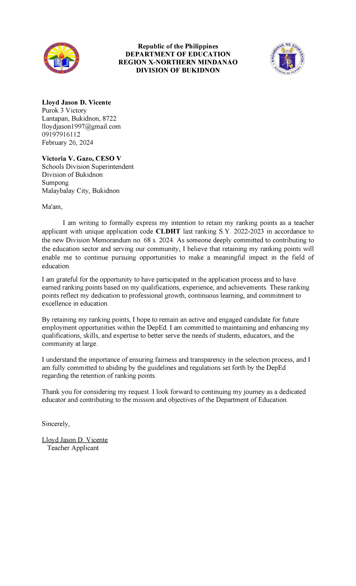 Letter of Intent for Ranking Points Retention - CLDHT - Studocu