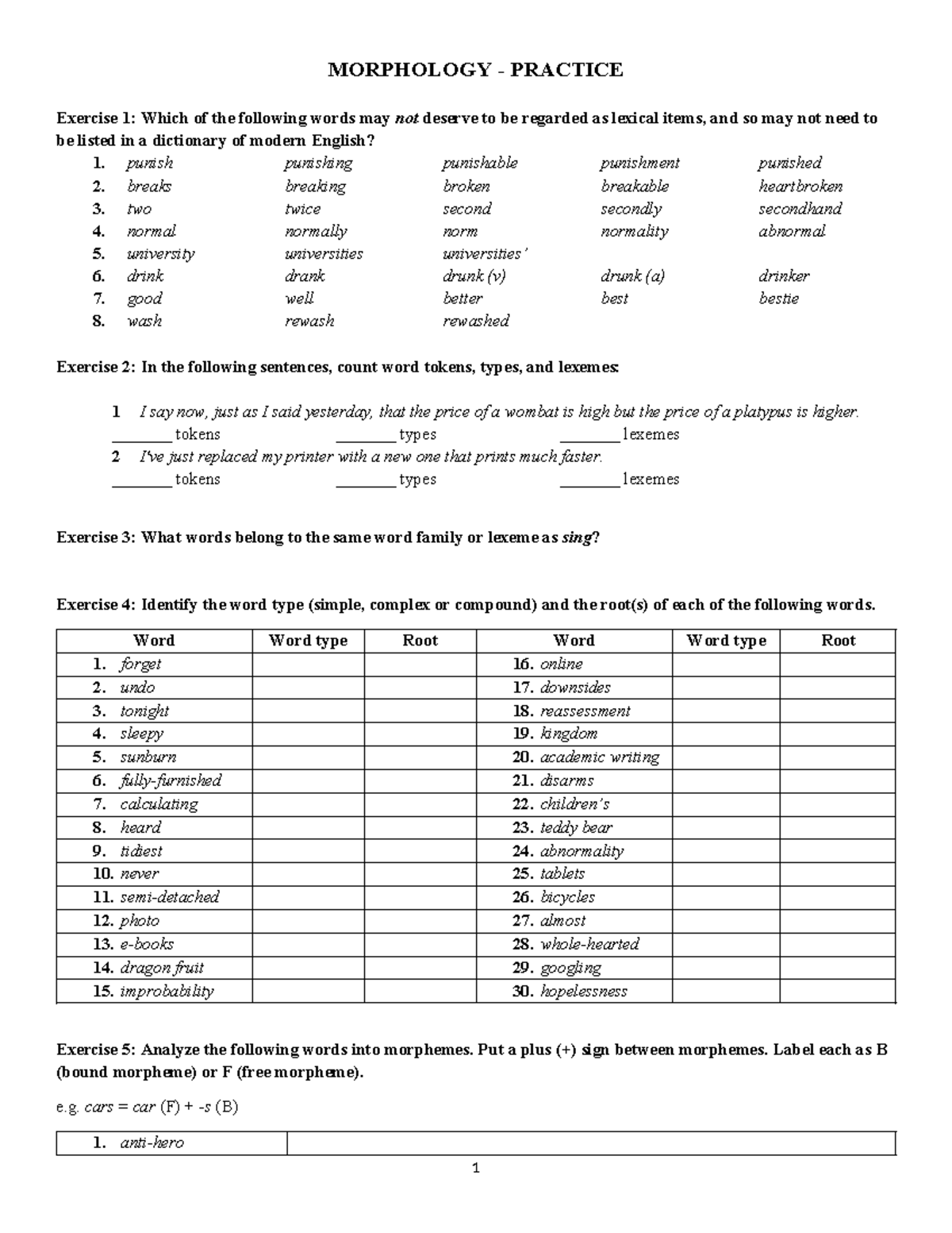 Morphology Practice Exercises - ENG 101 - Studocu