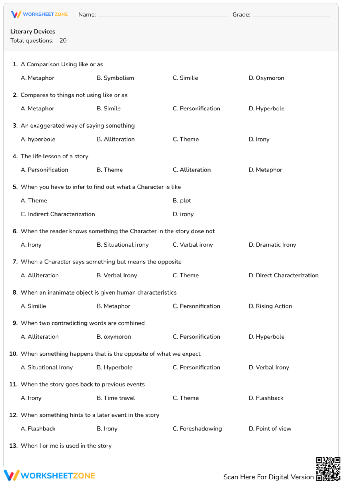 Literary Devices Worksheet: Figurative Language Overview (20 Qs) - Studocu