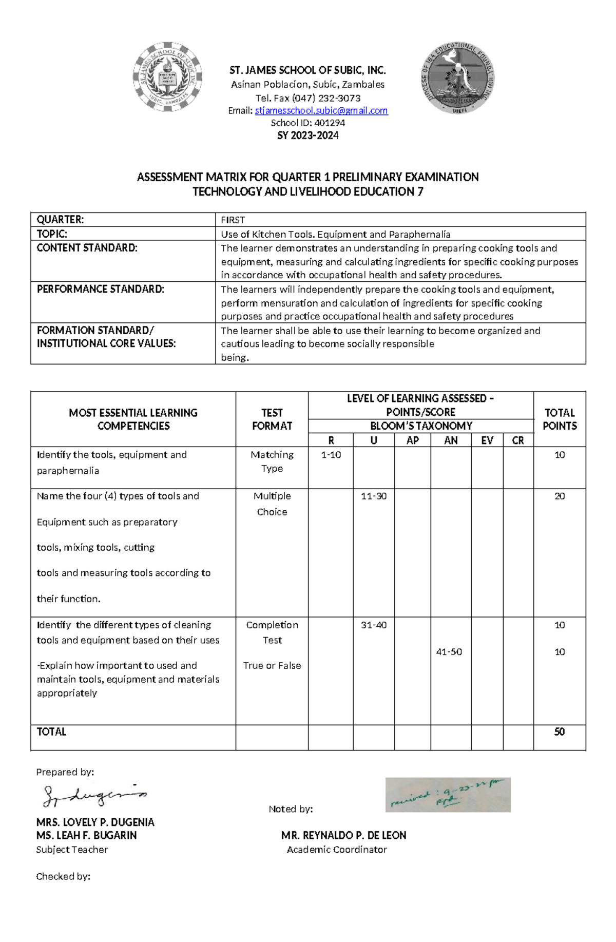 TLE 7 TQ Prelim Q1 Assessment Matrix & Notes on Kitchen Tools - Studocu