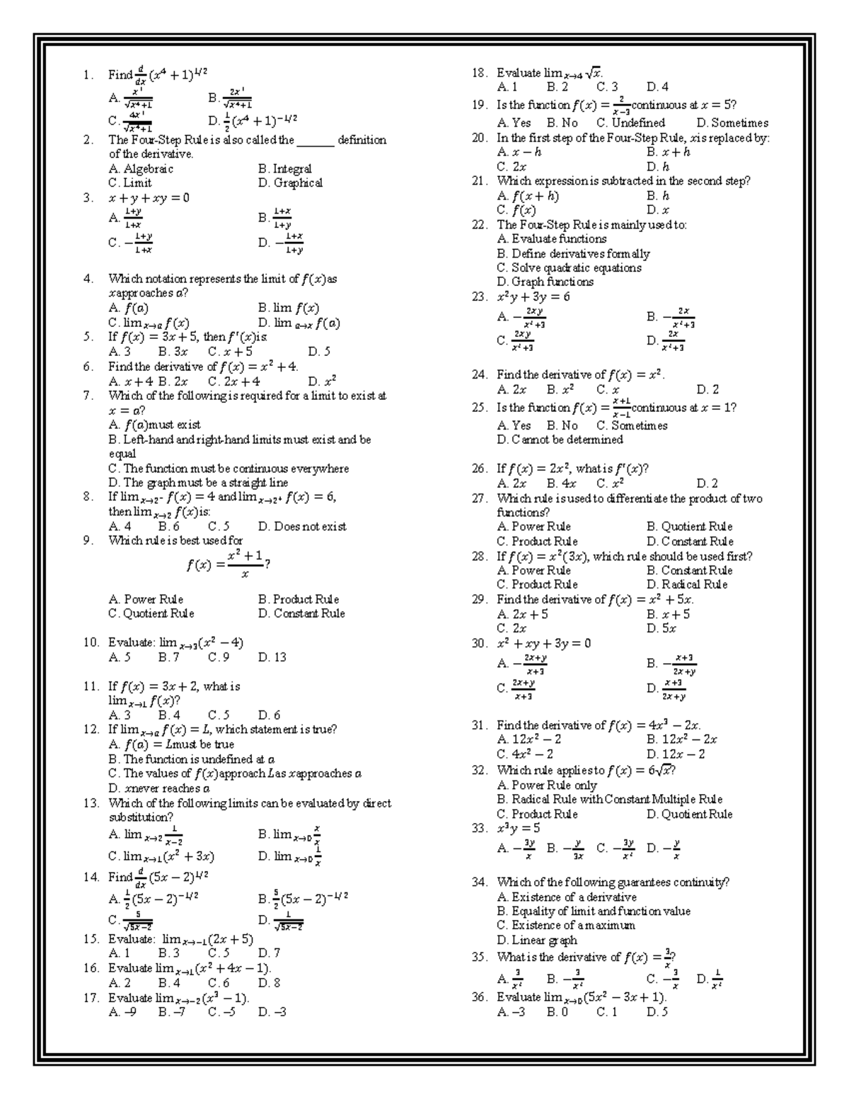 Basic Calculus Reviewer (MATH 101) - Derivatives and Limits - Studocu