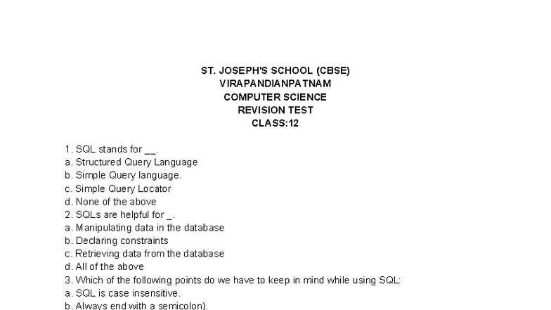 CBSE Class 12 Computer Science Revision Test: SQL Concepts - Studocu