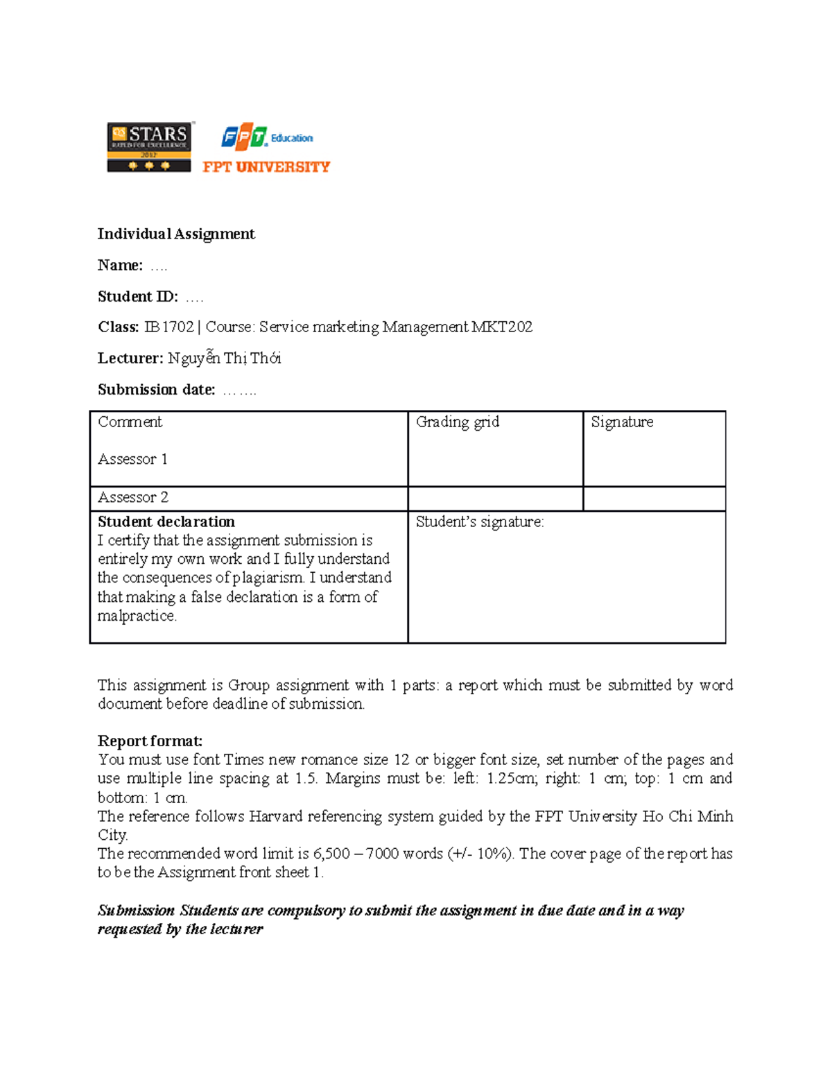 IB1702 Individual Assignment: Flower Service Report Template - Studocu