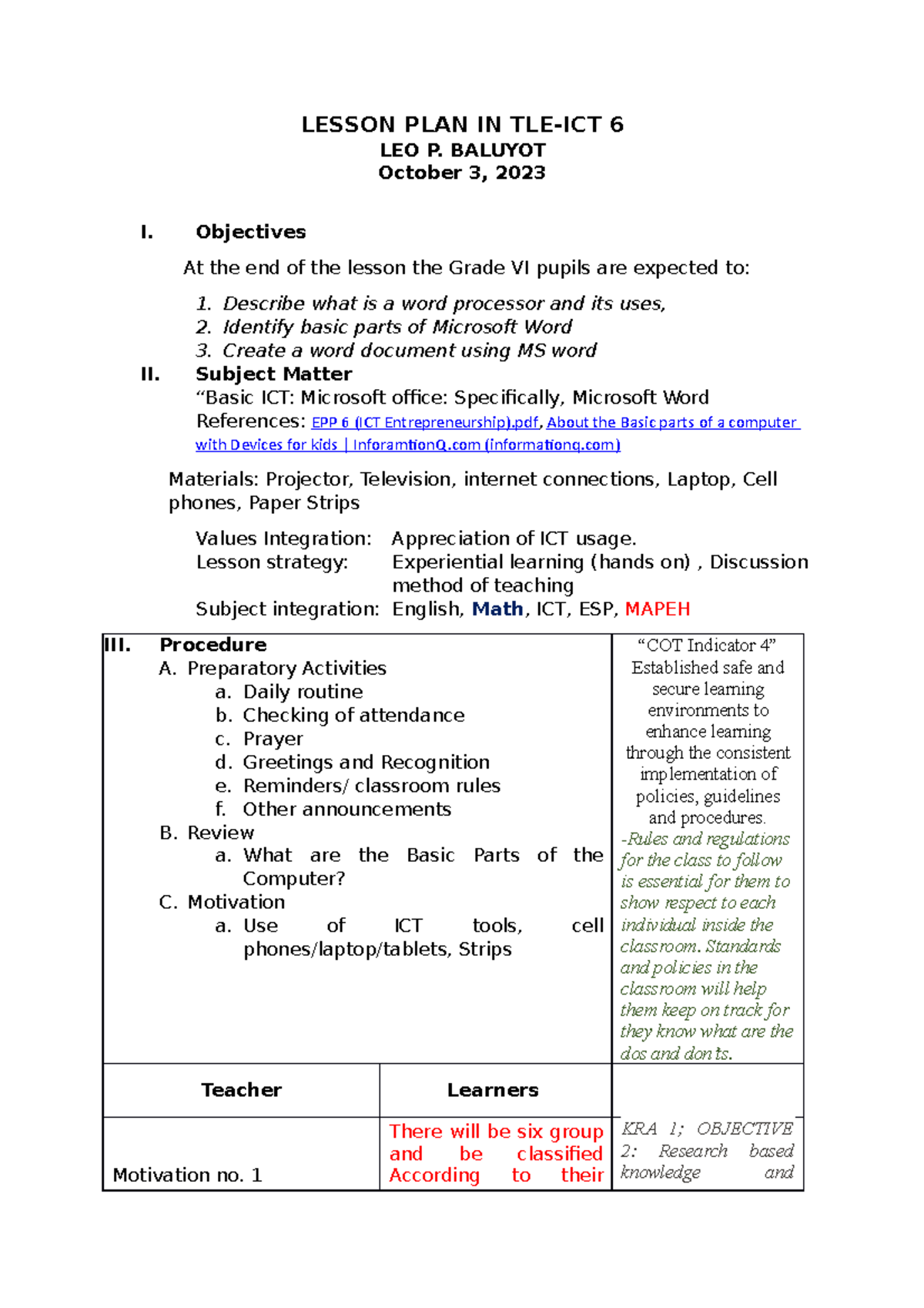 Lesson PLAN IN ICT First COT 2022 Teacher LEO - LESSON PLAN IN TLE-ICT ...