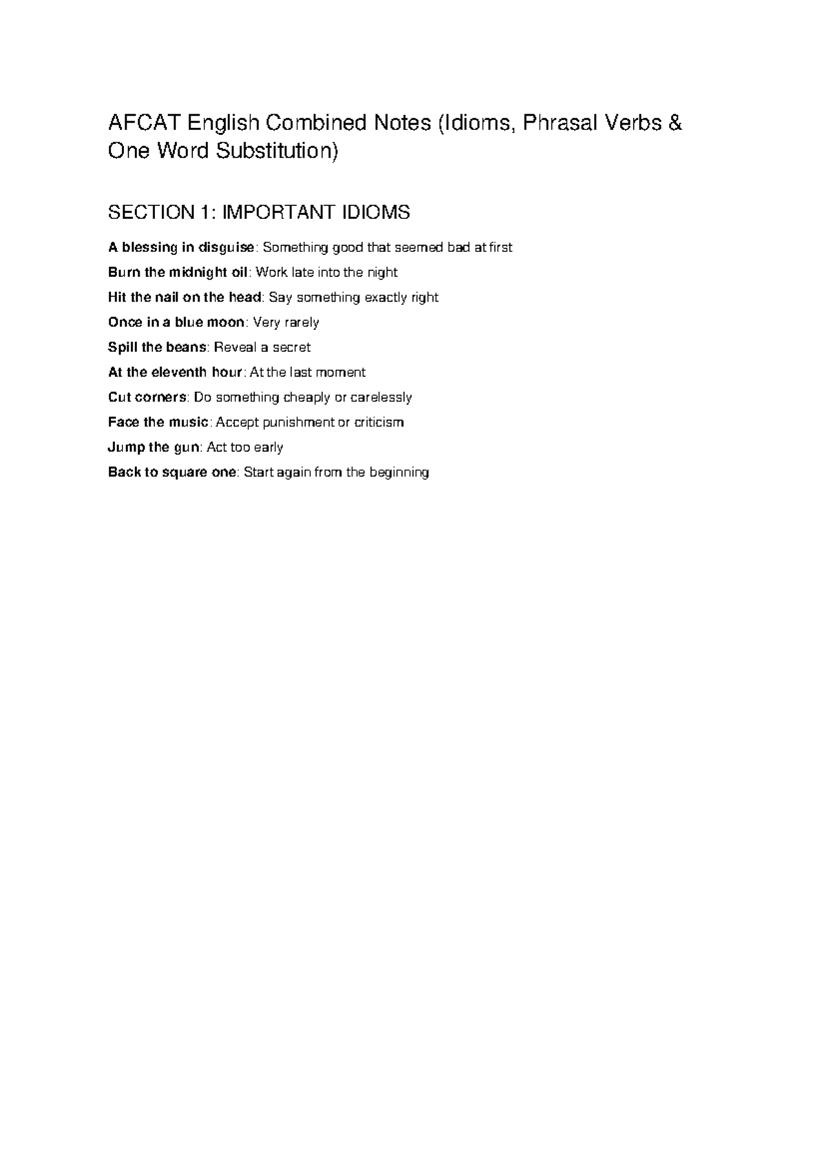 AFCAT English Combined Notes: Idioms & Phrasal Verbs Guide - Studocu