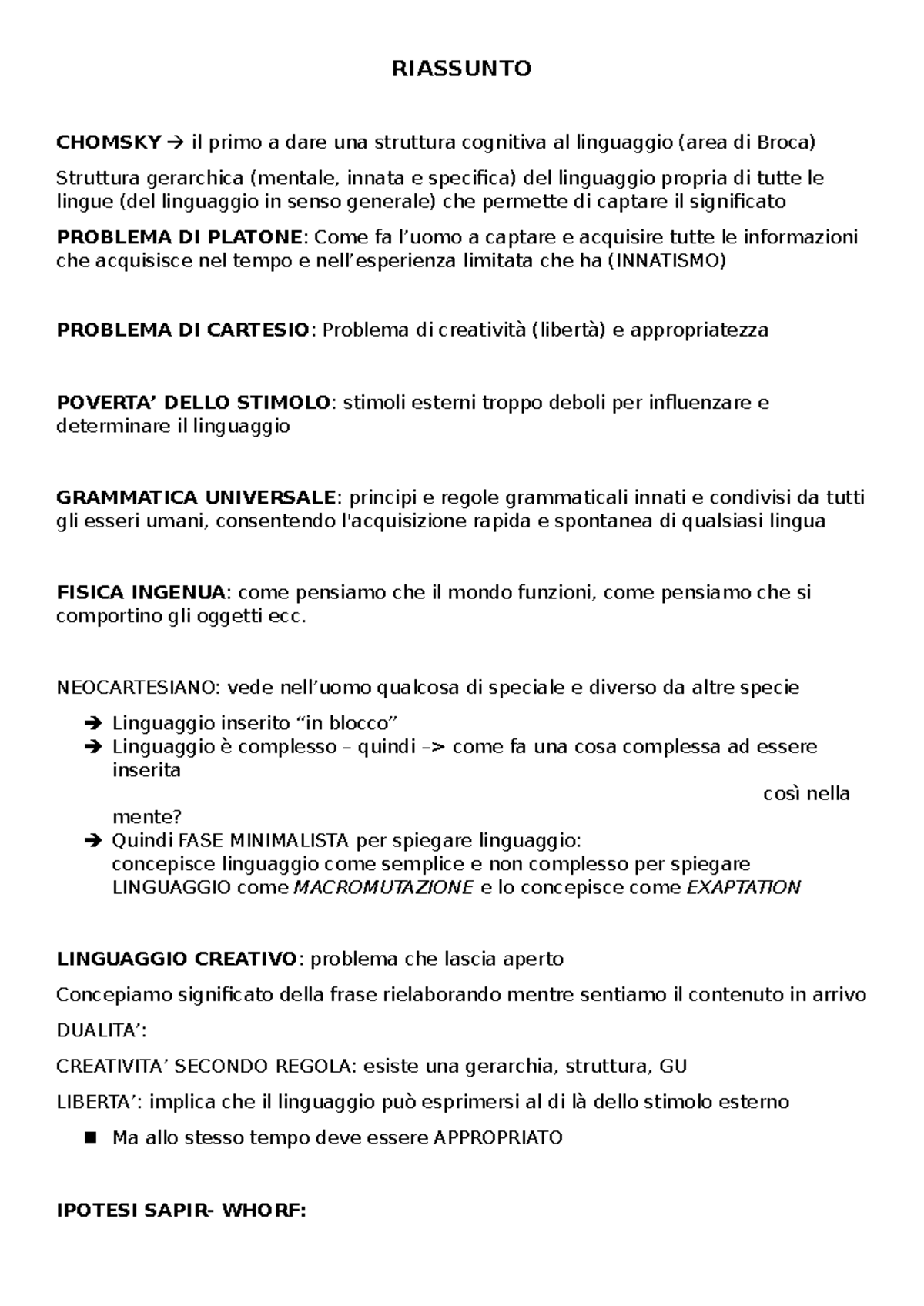 RIASSUNTO FINALE SU CHOMSKY E IL LINGUAGGIO (FCL 101) - Studocu