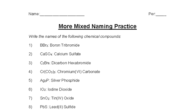 06 Mixed Naming Worksheet: Chemical Compounds Practice - Studocu