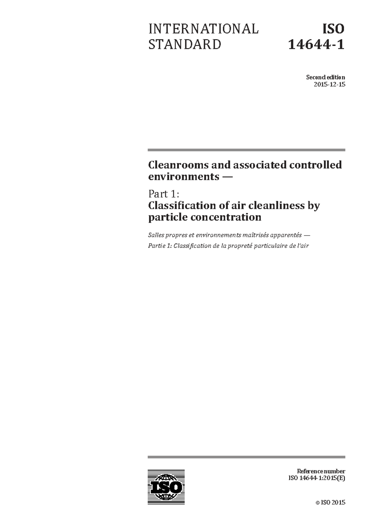 ISO 14644-1:2015 - Cleanrooms Air Cleanliness Classification - Studocu