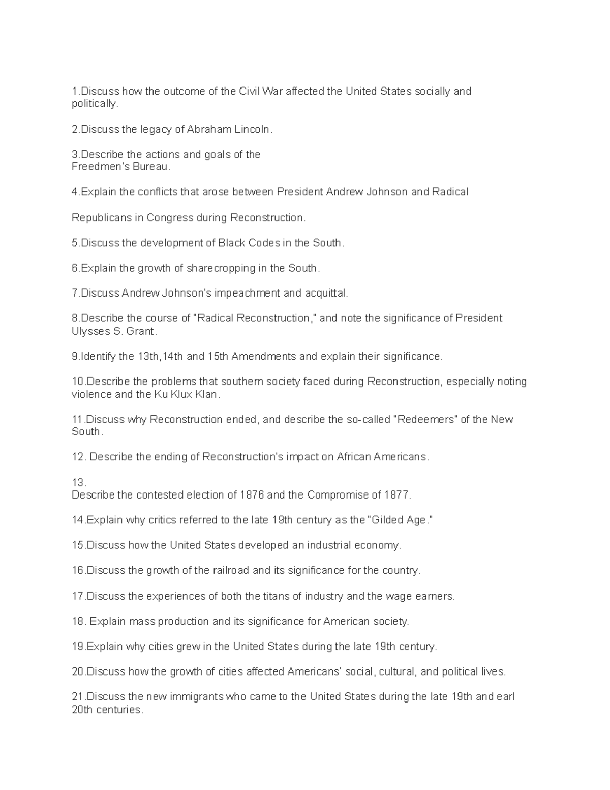 Final Exam Study Guide: U.S. History - Civil War to Reconstruction ...