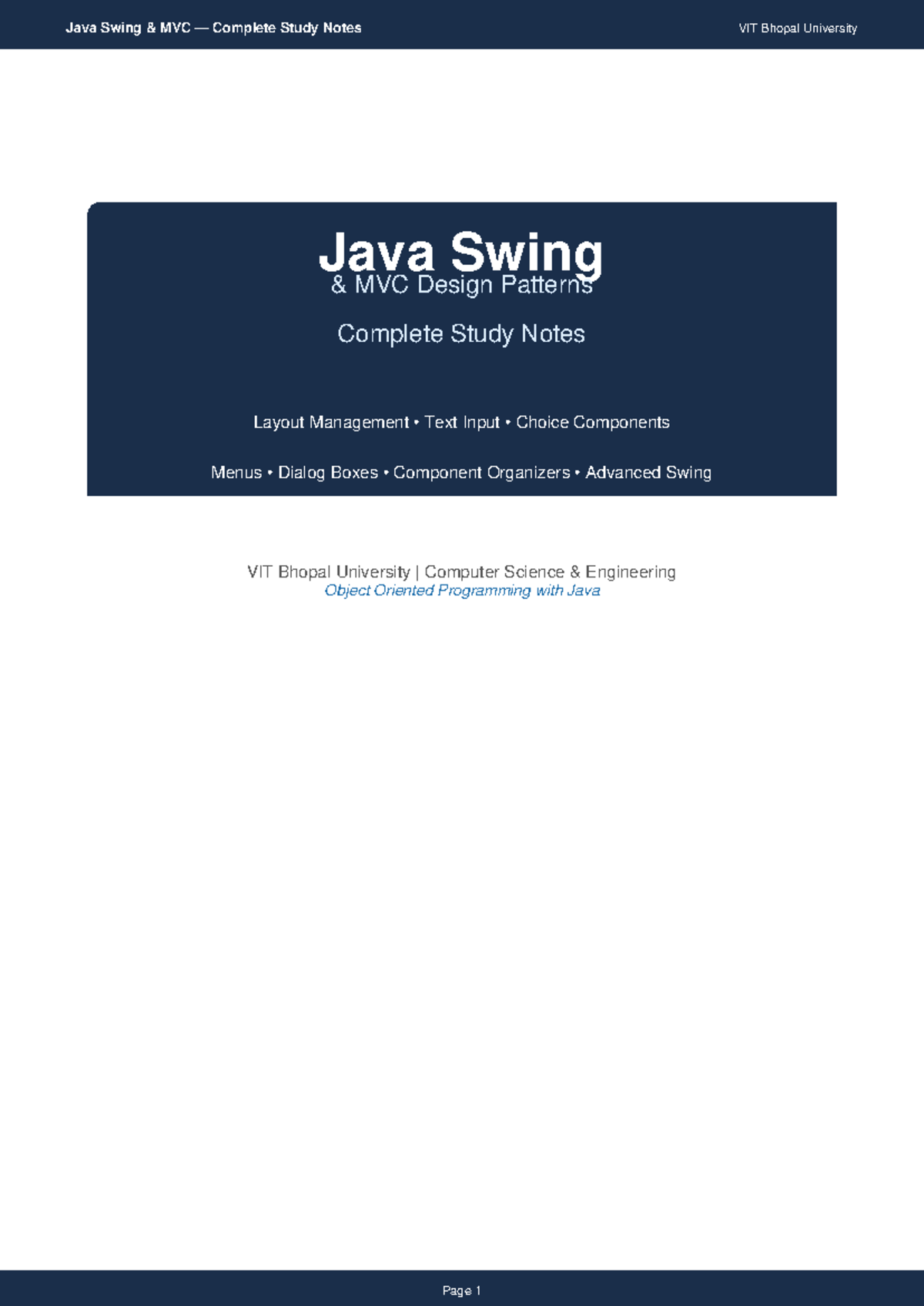 Java Swing MVC Complete Study Notes - VIT Bhopal University - Studocu