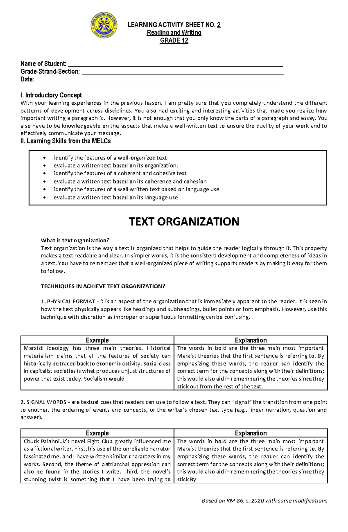 LAS-Reading and Writing 2 - LEARNING ACTIVITY SHEET NO. 2 Reading and ...