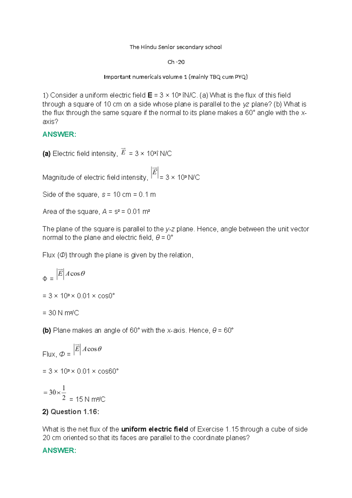 Important Numericals for Class XII Physics (TBQ & PYQ) - Studocu