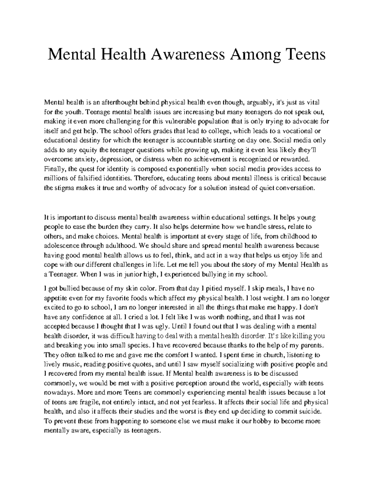 Mental Health Awareness Among Teens: Importance and Personal Insights ...