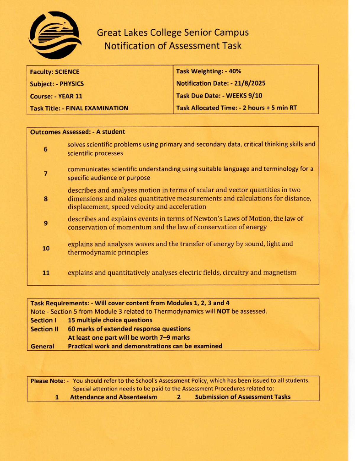 Physics Final Exam Notification - Yr 11 Assessment Task - Studocu