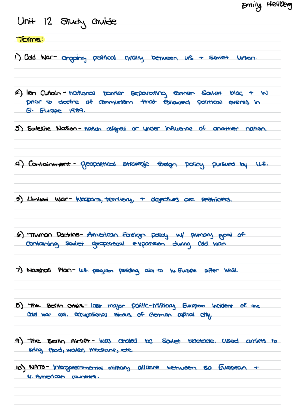 Unit 12 Study Guide: Key Terms and Concepts for Cold War Analysis - Studocu