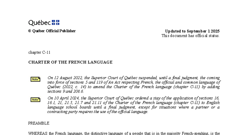 Charter of the French Language - Updated to September 1, 2025 - Studocu