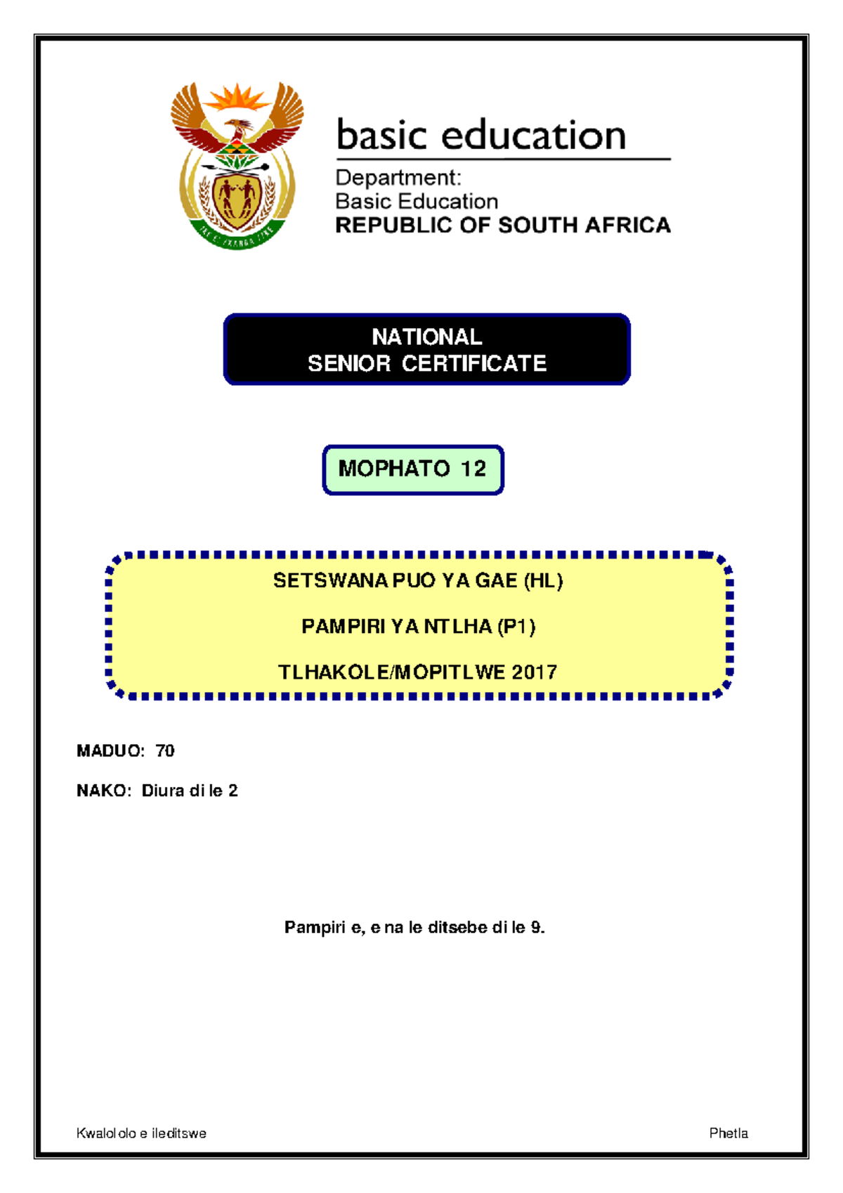 Setswana HL P1 Exam Paper: February-March 2017 Analysis - Studocu