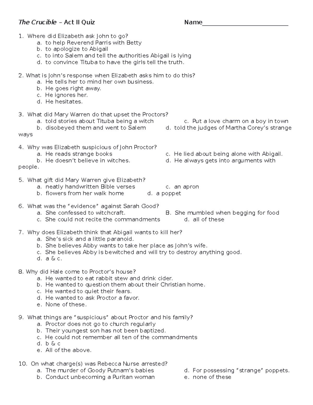 The Crucible Act II Quiz (ENGLISH 101) – Assessment Questions - Studocu