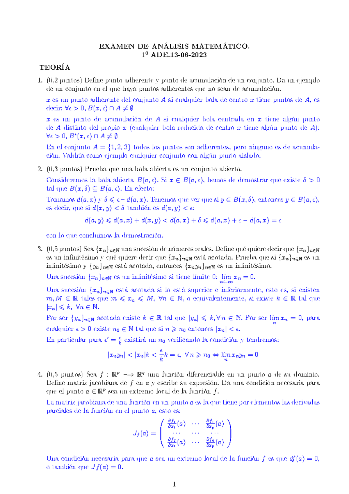 Examen de Análisis Matemático - Soluciones 11 Junio 2024 - Studocu