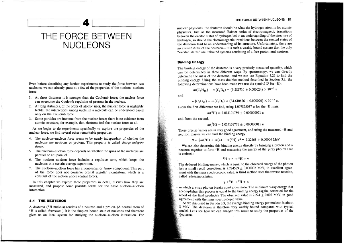 Krane Ch-4: The Nucleon-Nucleon Force and Deuteron Analysis - Studocu